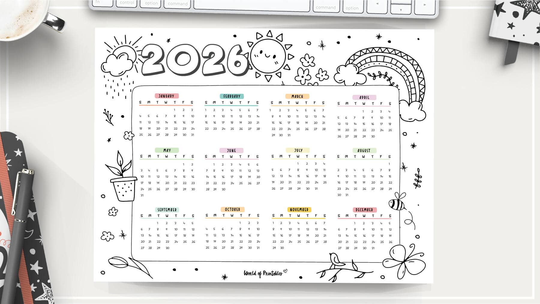 2026 Coloring Calendar - Free Printables - World of Printables