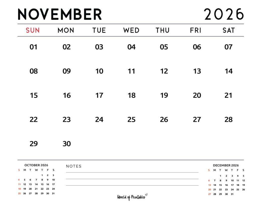 Free Printable November 2026 Calendars (200+ Designs) - World of Printables