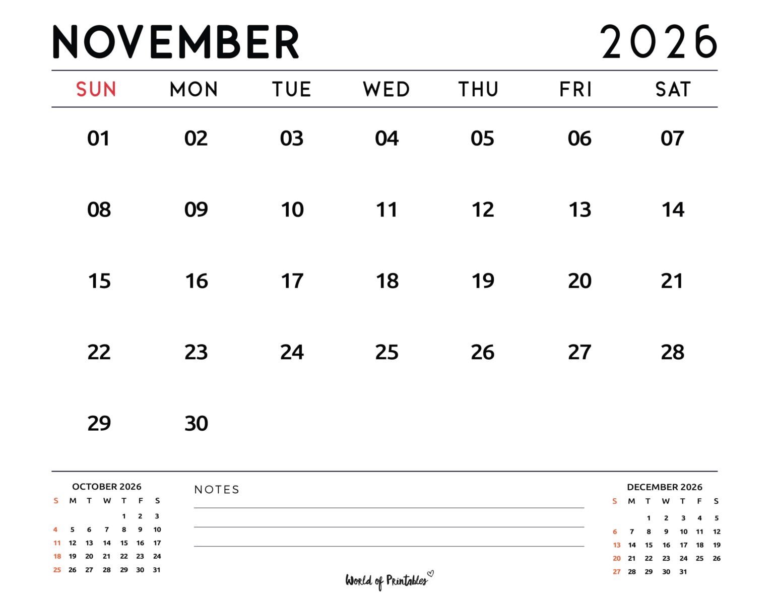 Free Printable November 2026 Calendars (200+ Designs) - World of Printables