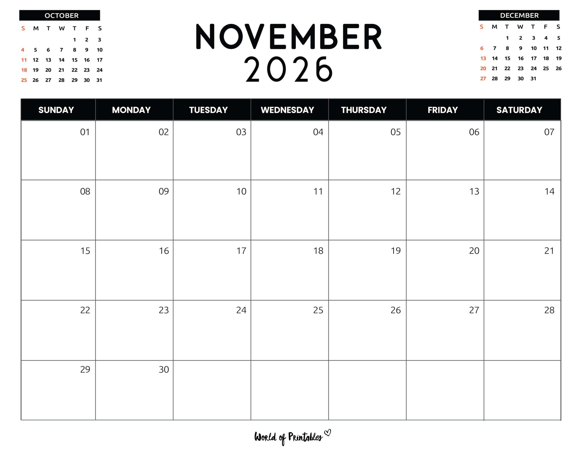 Free Printable November 2026 Calendars (200+ Designs) - World of Printables
