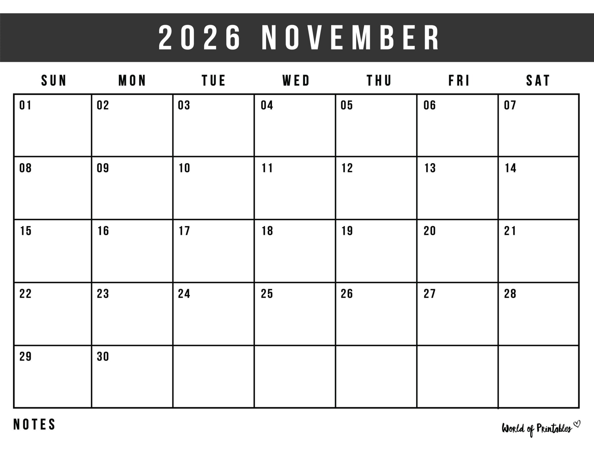 Free Printable November 2026 Calendars (200+ Designs) - World of Printables