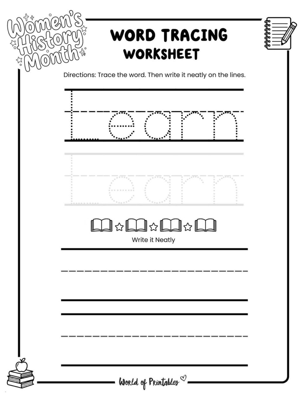 Women's History Month Word Tracing Worksheets (Free Printables) - World ...