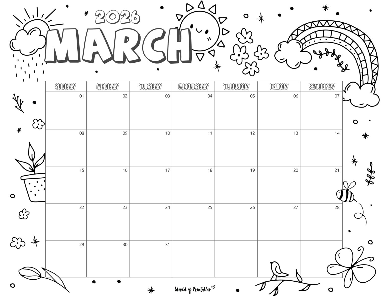 2026 Coloring Calendar - Free Printables - World of Printables