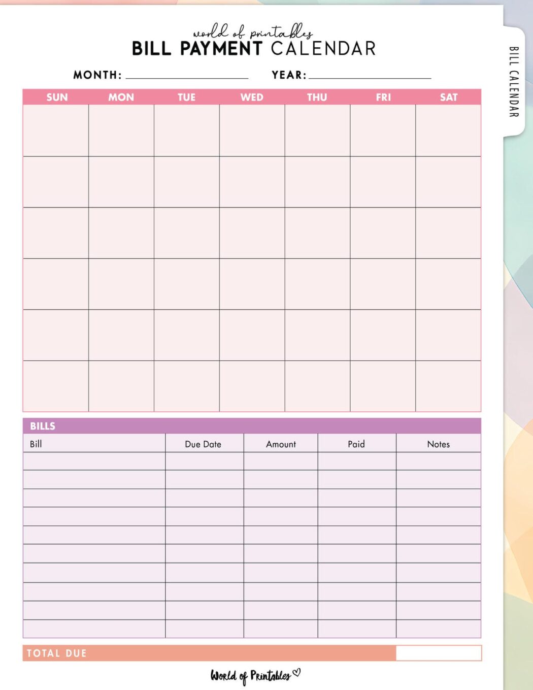 Free Bill Payment Calendar Printable - World of Printables