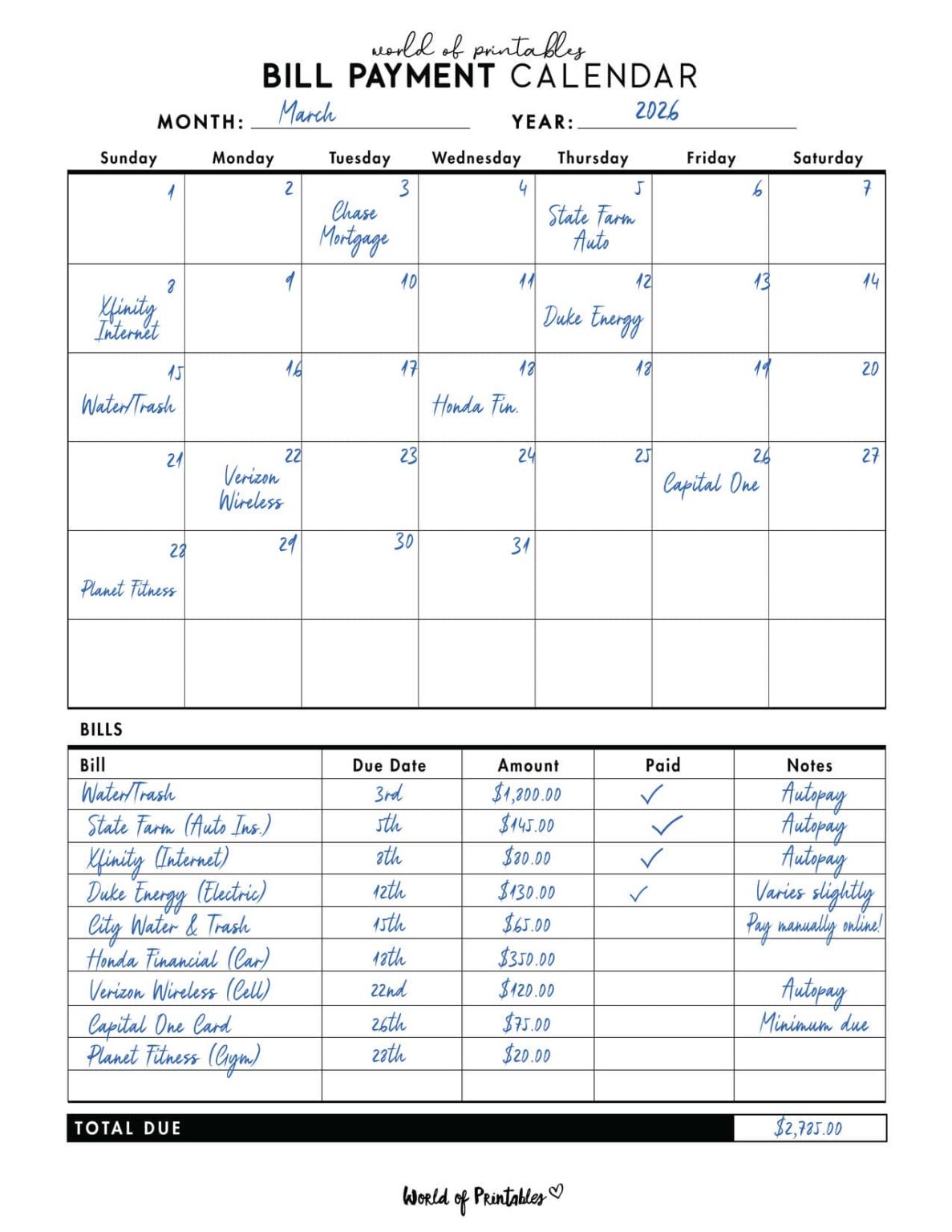 Free Bill Payment Calendar Printable - World of Printables