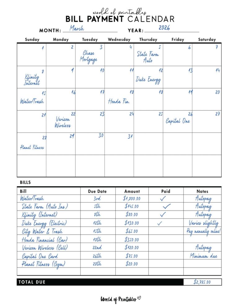 Free Bill Payment Calendar Printable - World of Printables