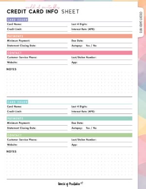 Free Credit Card Info Sheet Printable - World of Printables