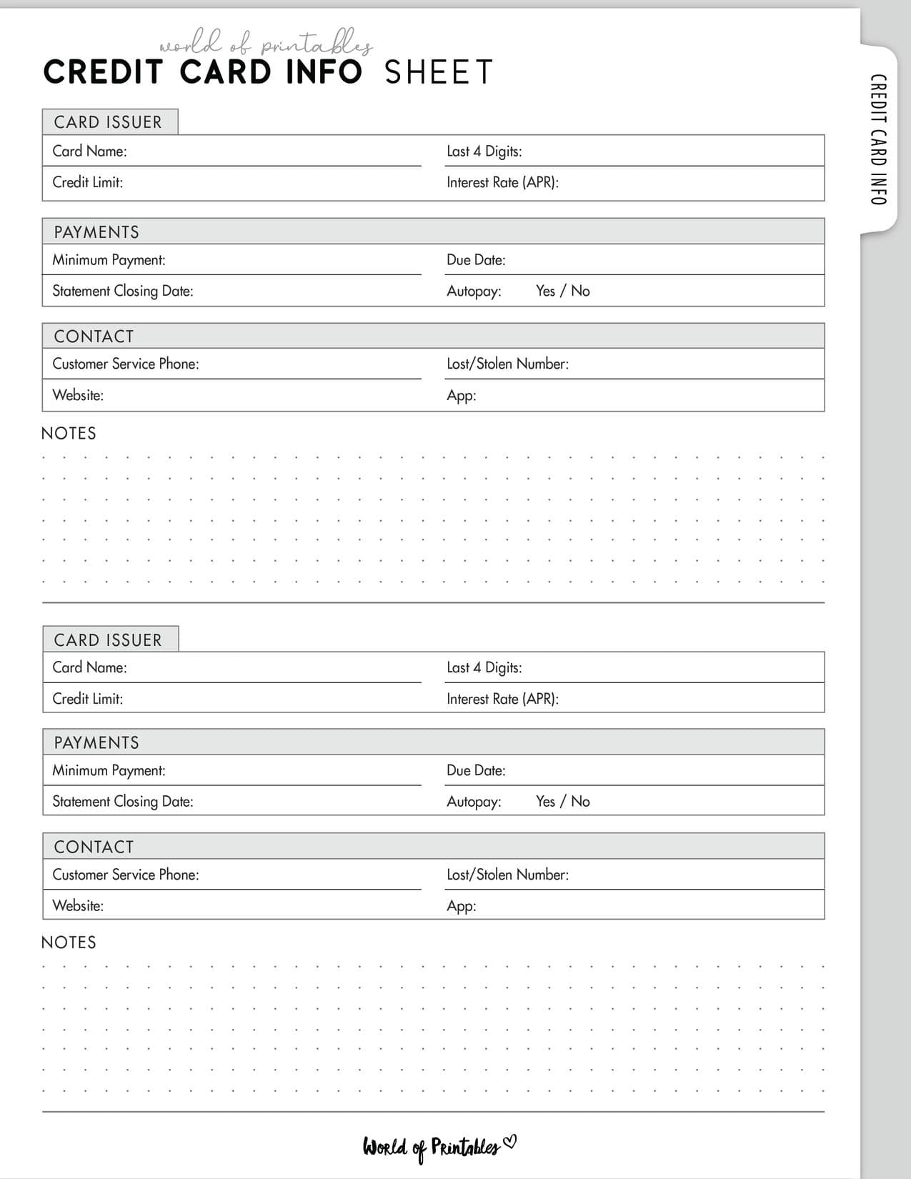 Free Credit Card Info Sheet Printable - World of Printables