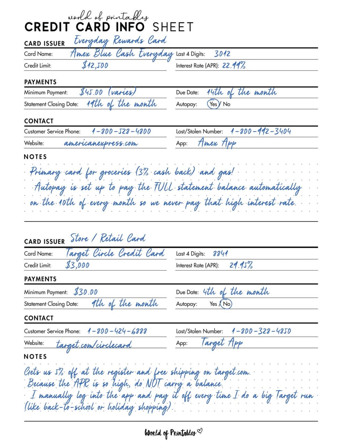 Free Credit Card Info Sheet Printable - World of Printables