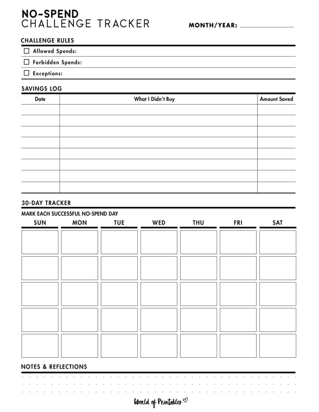 Free No-Spend Challenge Tracker Printable - World of Printables
