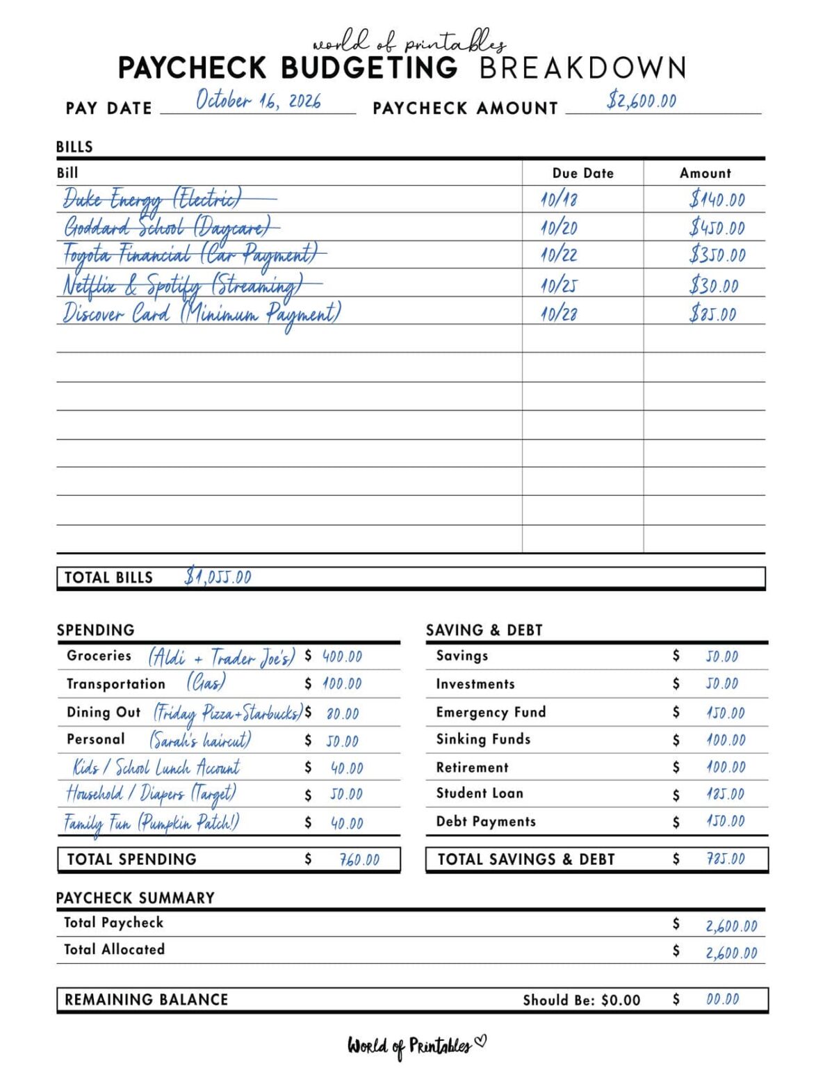Free Paycheck Budgeting Breakdown Printable - World of Printables