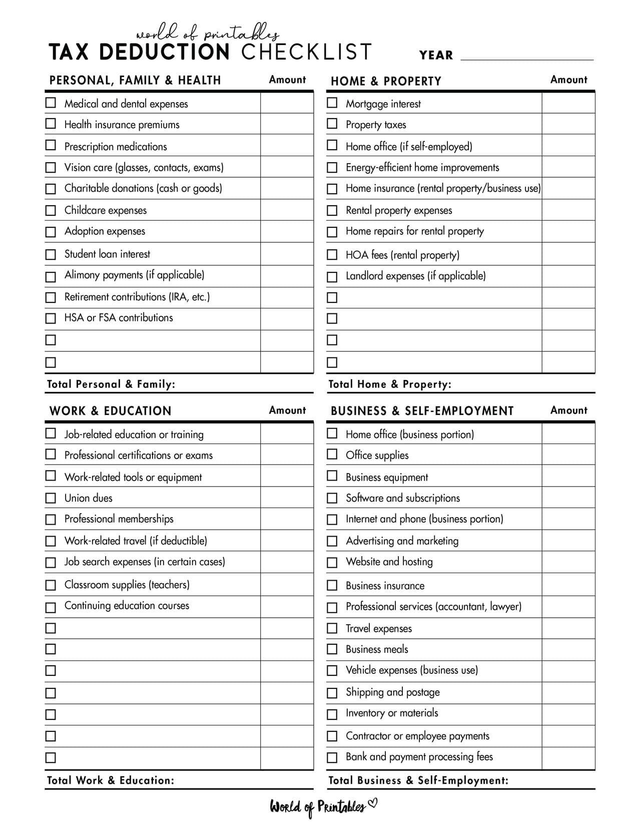 Free Tax Deduction Checklist Printable - World of Printables