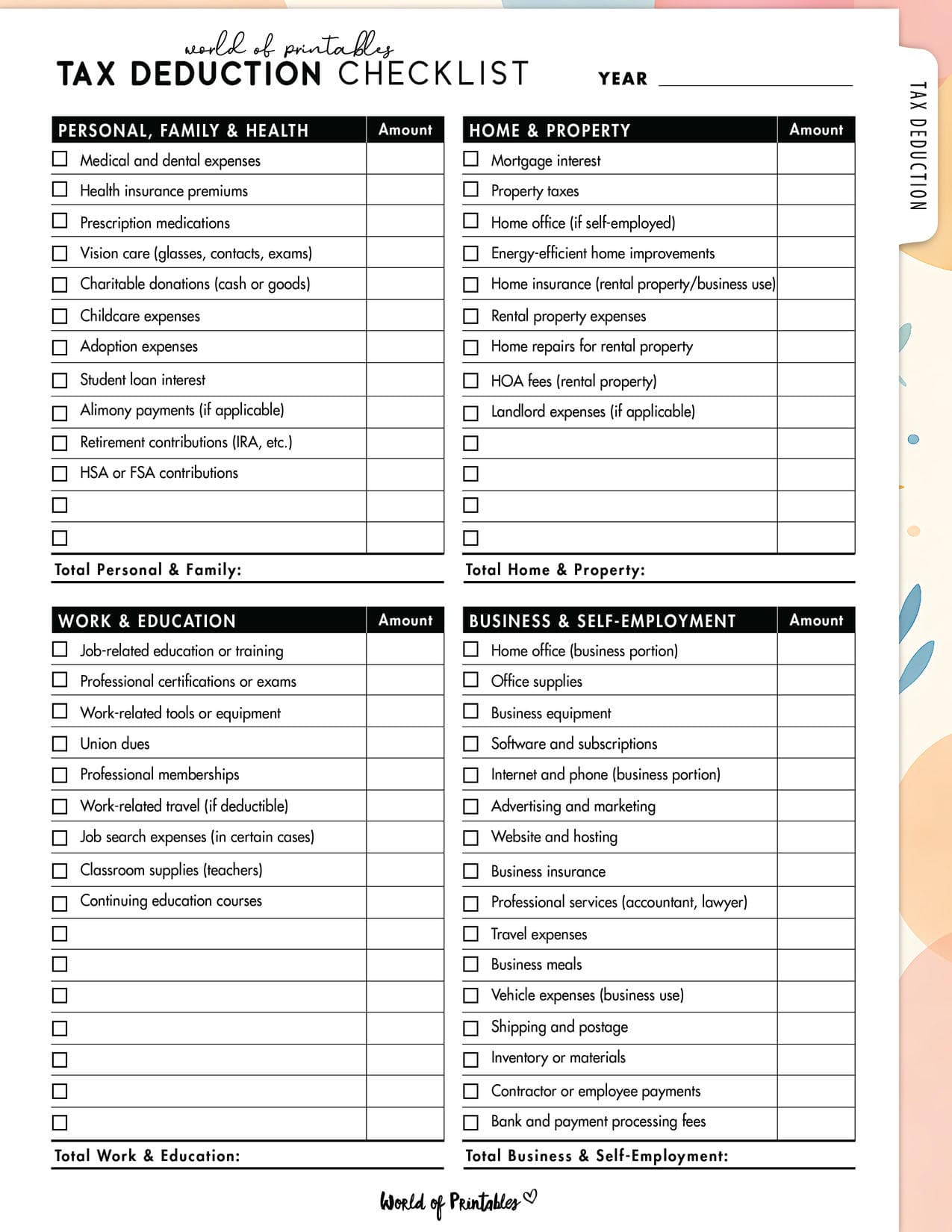 Free Tax Deduction Checklist Printable - World of Printables