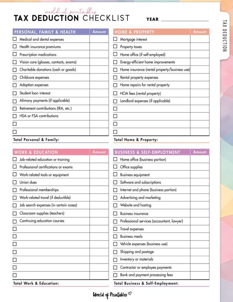 Free Tax Deduction Checklist Printable - World of Printables