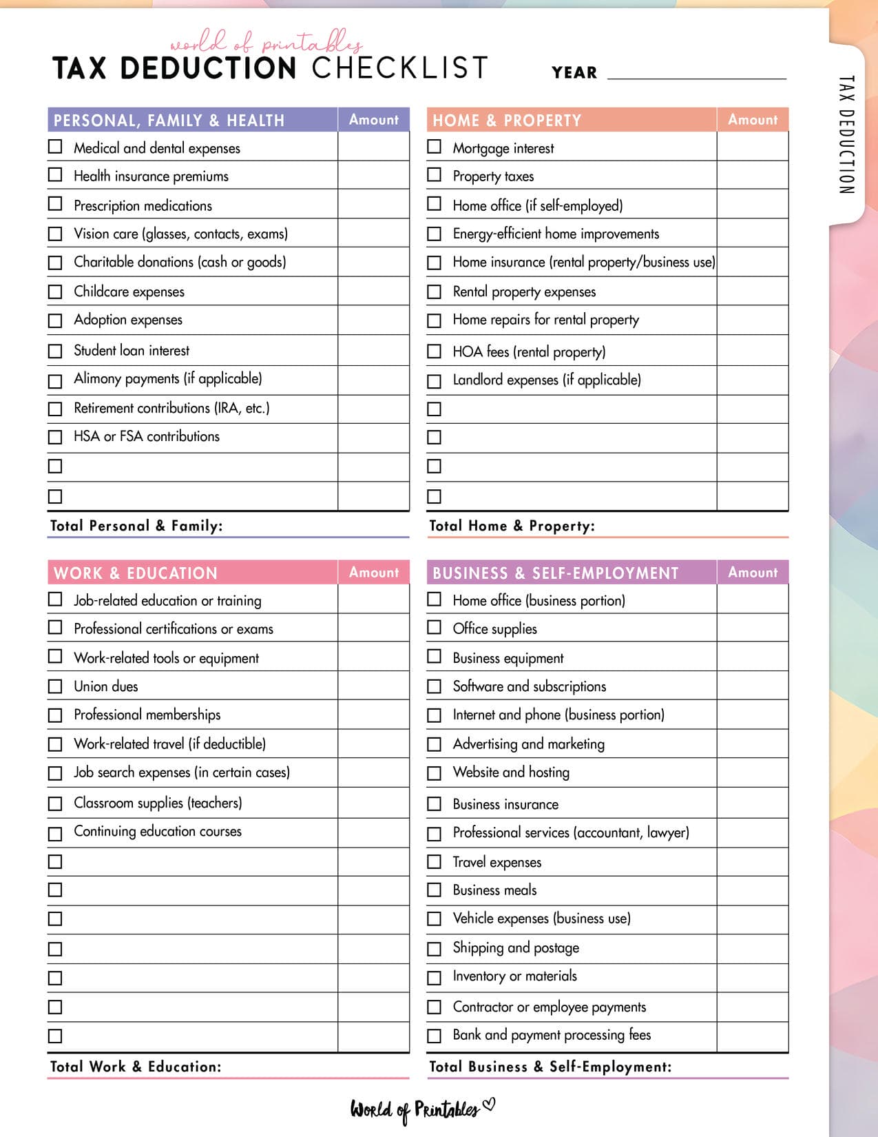 Free Tax Deduction Checklist Printable - World of Printables