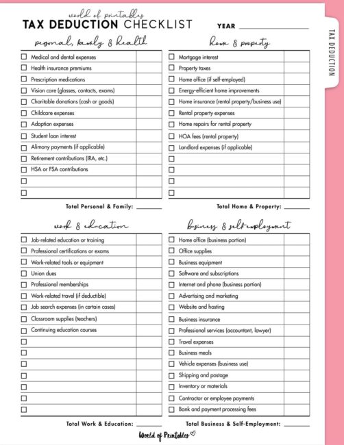 Free Tax Deduction Checklist Printable - World of Printables