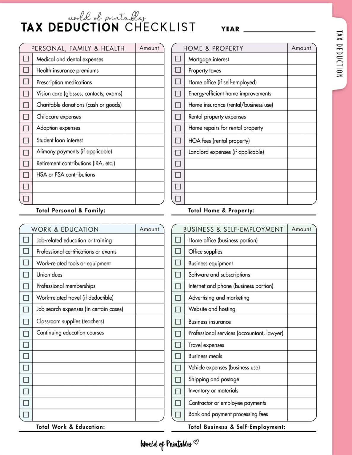 Free Tax Deduction Checklist Printable - World of Printables